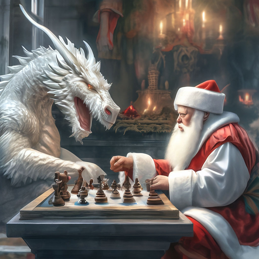 "Santa Claus is playing chess with a white dragon , dim lighting, ISO ...