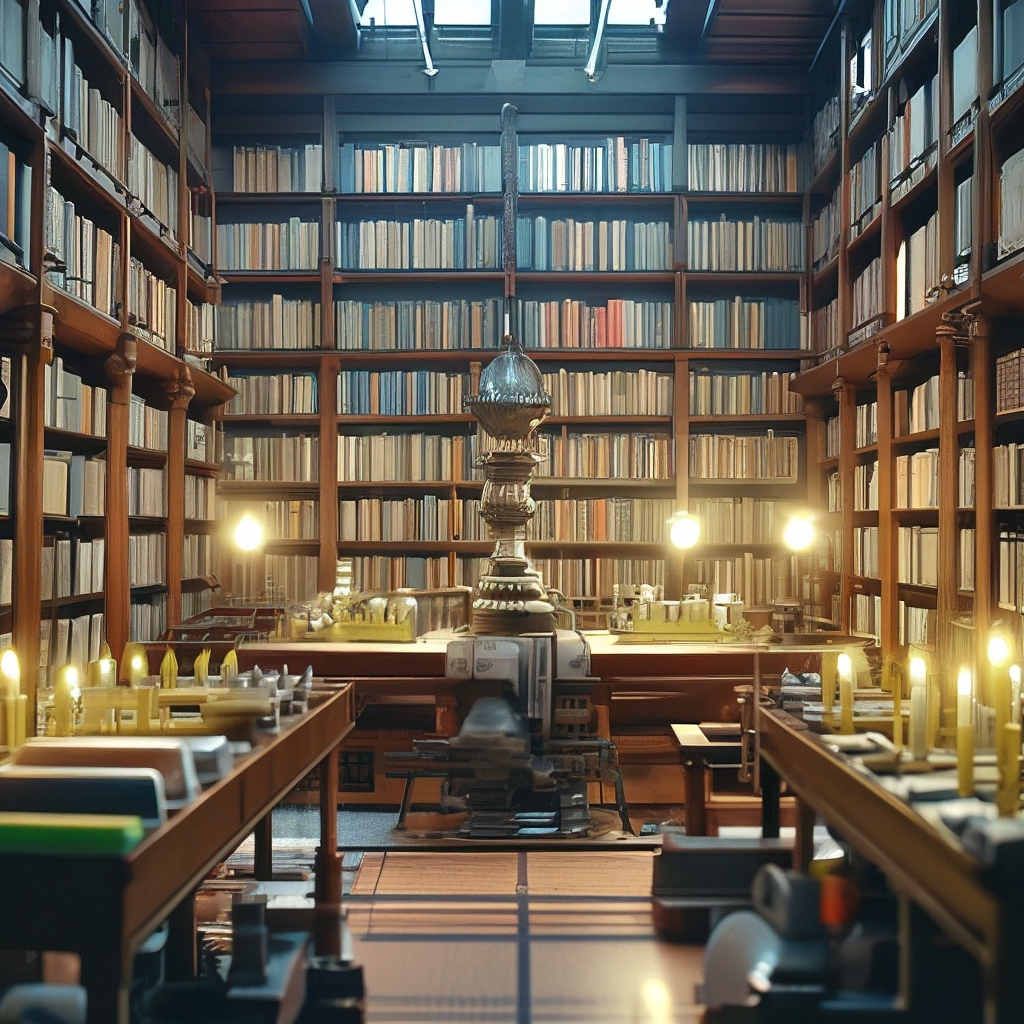 the formula for success, a huge number of books, test tubes, library ...