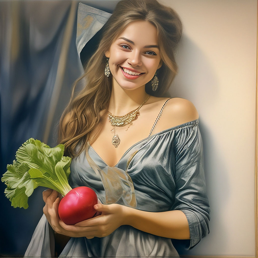 "Charming woman with radish,sweet smile, long dress with train,bohemian ...
