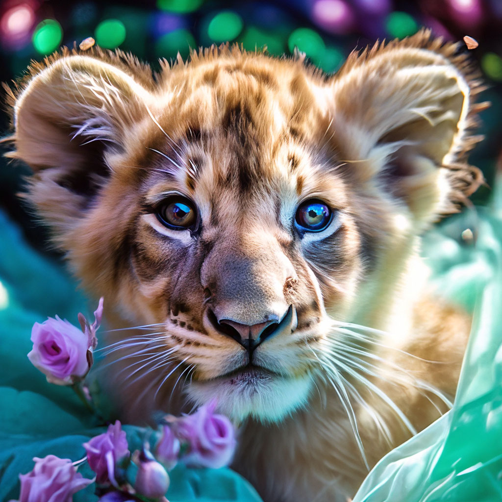 "Lion cub, thin, transparent turquoise tulle, cream roses, lots of ...