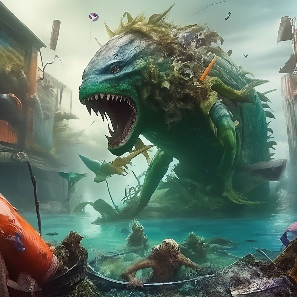 "Mutant mermaids, underwater monster, garbage, pollution" — image ...