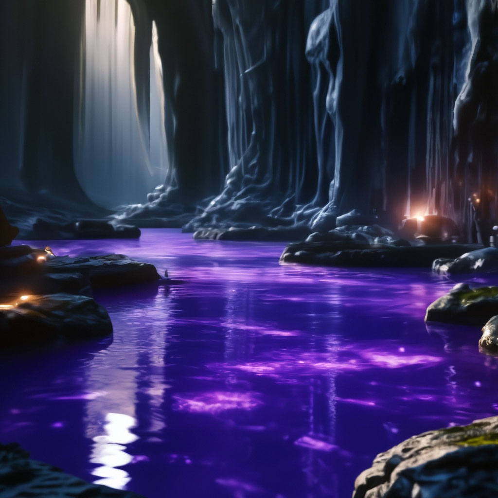 "Magic ((glowing pool)) in the middle of a dark cave,mysticism,purple ...