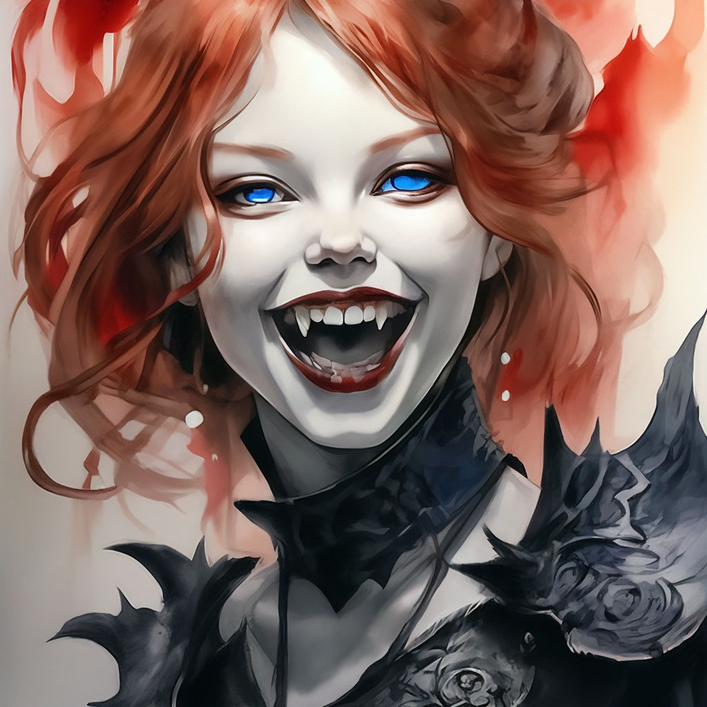 "Realistic watercolor and ink, gothic style, wild vampire girl with a ...