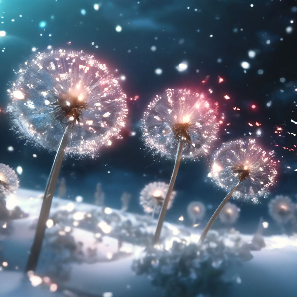 "Hyperrealism, aquamarine frozen snow, many aerial dandelions flying ...