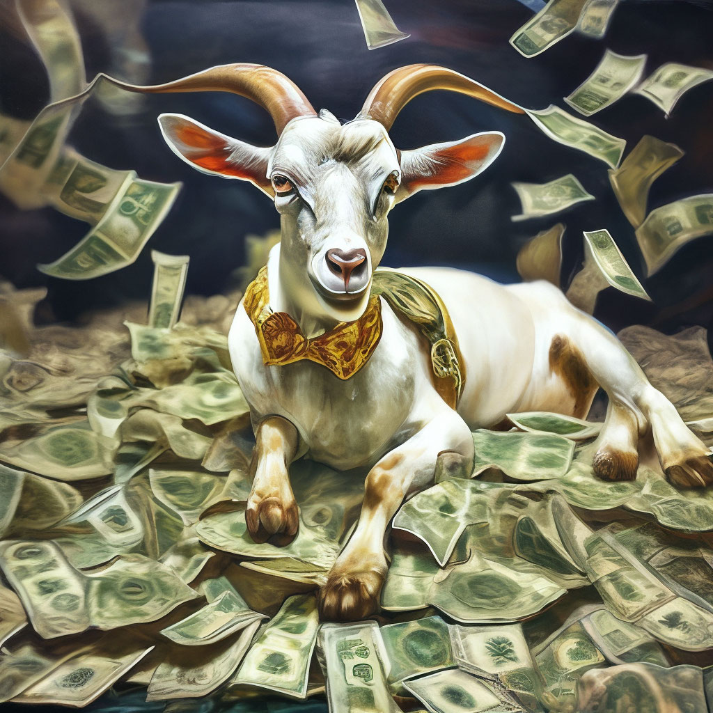 "A rich goat is lying on the money and there is money around it ...