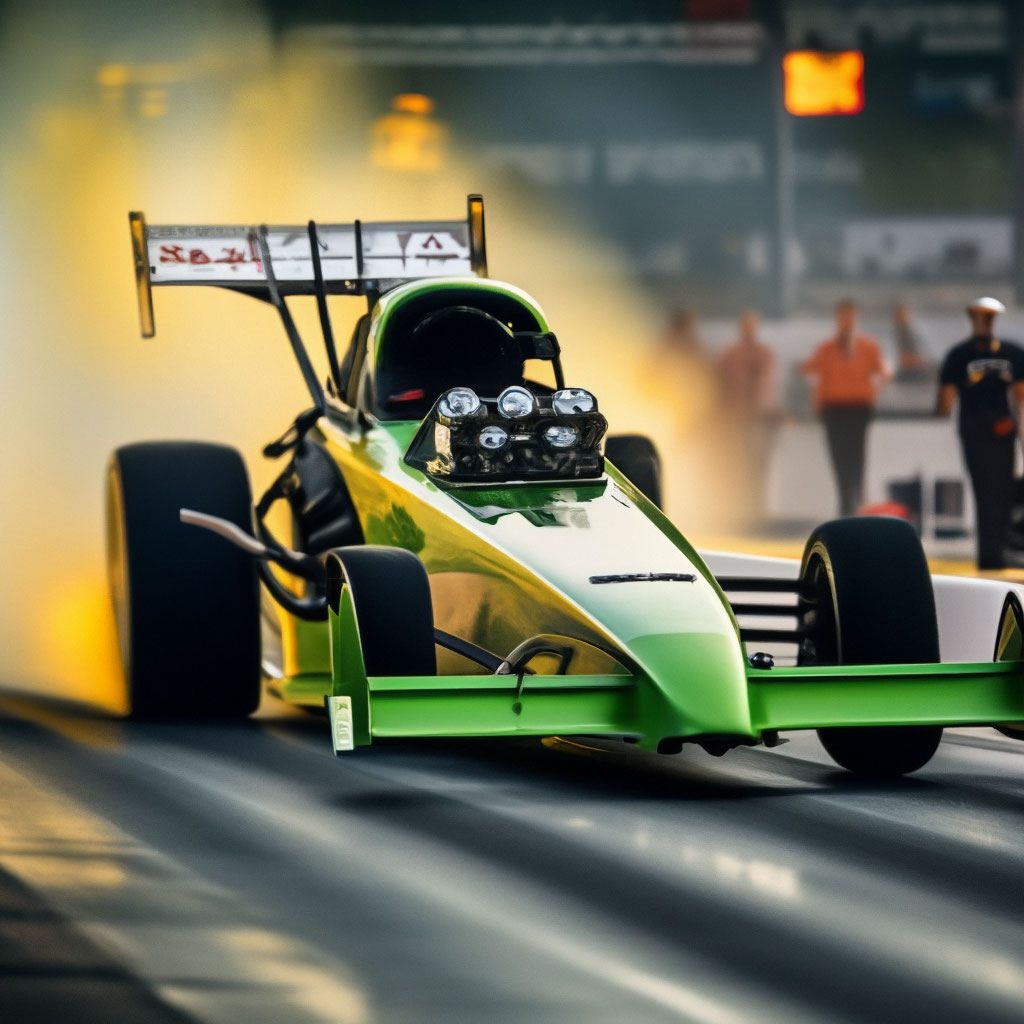 "Dragster top fuel, bright green, with a large spoiler, starts from the ...