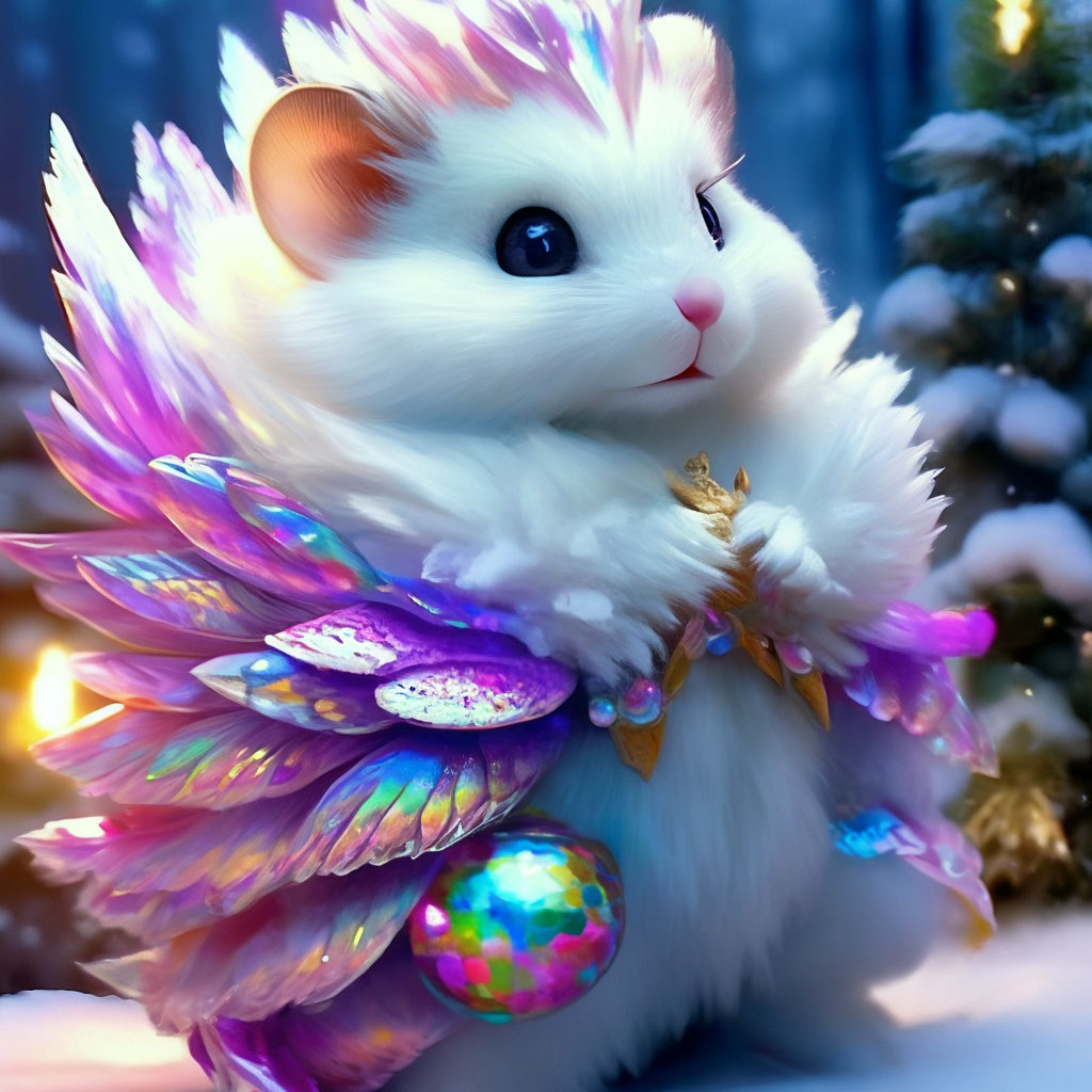 "Beautiful fluffy dragon hamster near the Christmas tree, big eyes ...