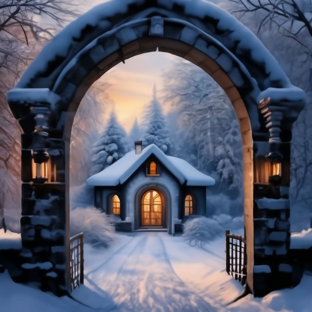 "White arch portal made of snow, through the arch you can see a snow ...