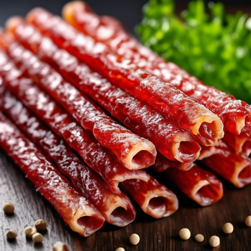 "Meat straws,thin,long,raw, restaurant serving, professional photo ...