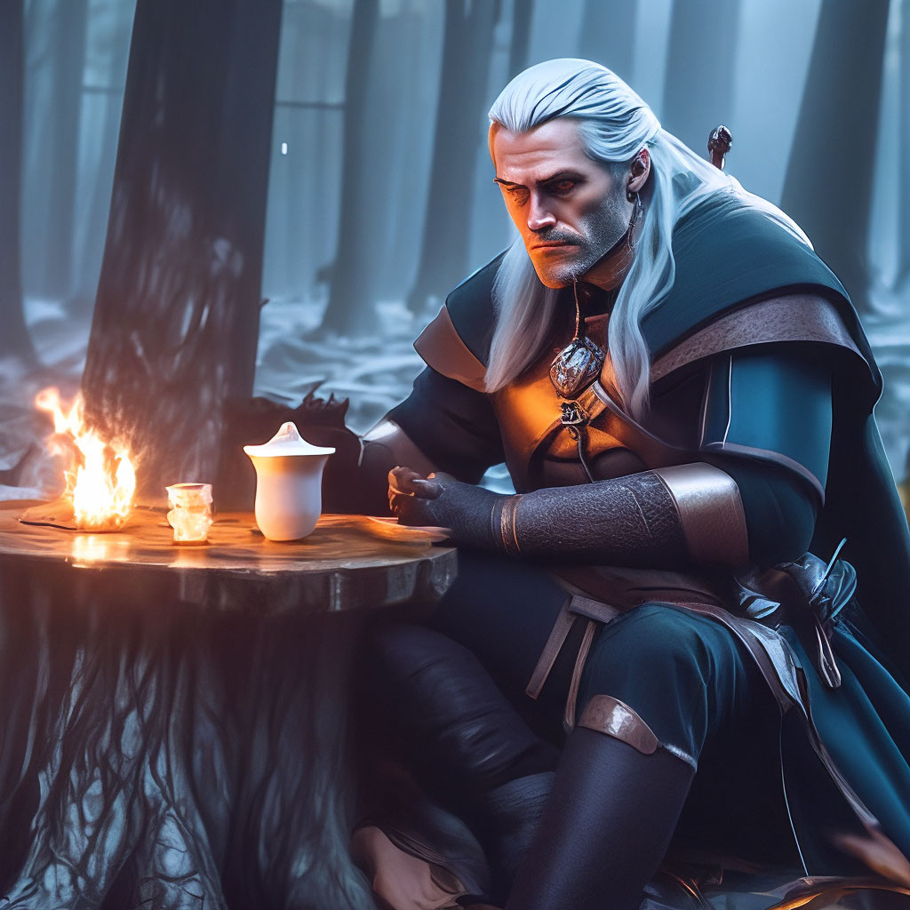 "The witcher drinks tea and sits on a stump" — image created in Shedevrum