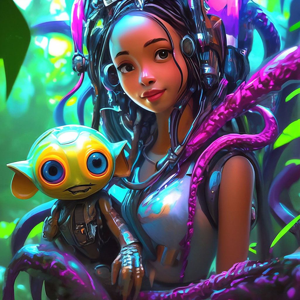 "Cute multicolored woman and cyborg animal in the jungle!!! Cute big ...