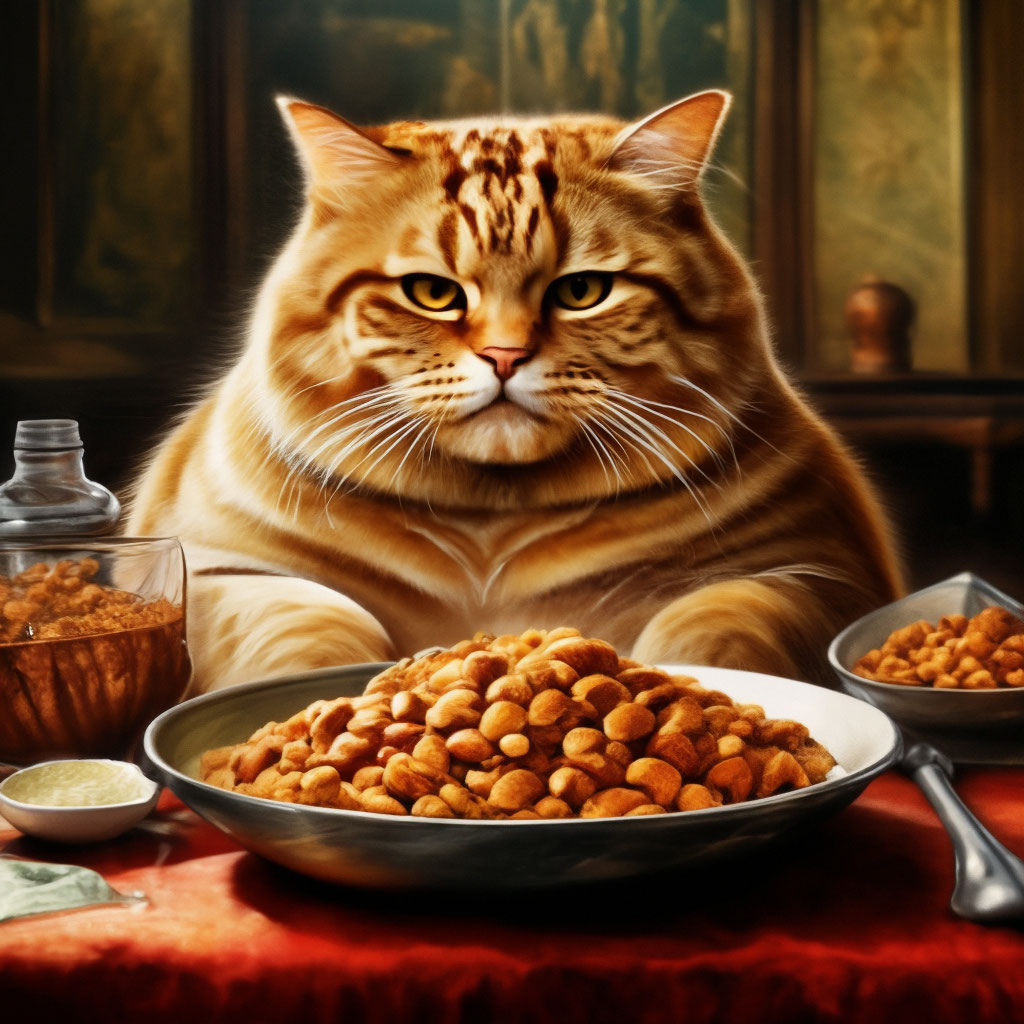 "Fat cat eats food" — image created in Shedevrum