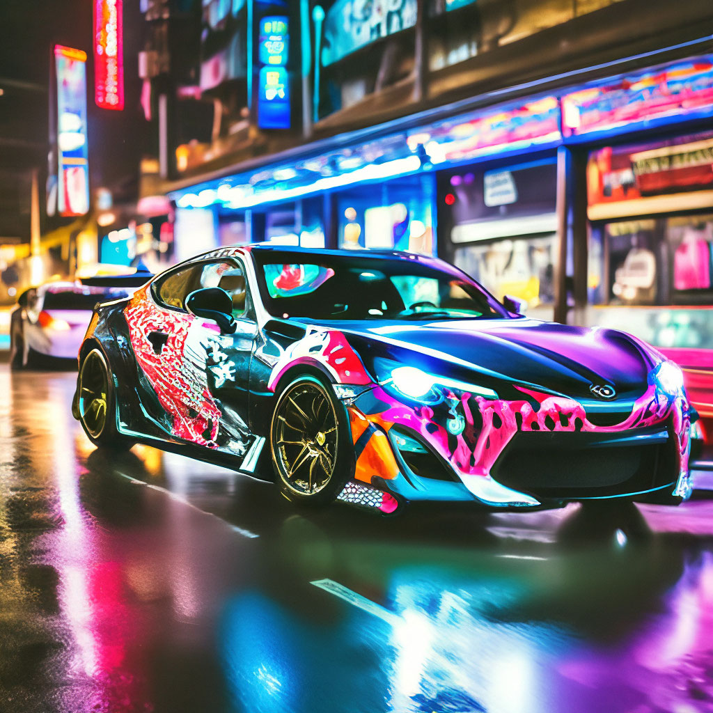"Toyota gt 86 with samurai print, with neon lighting, in the night city ...
