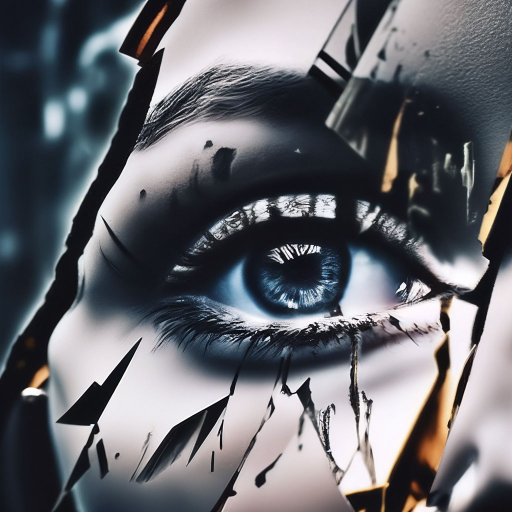 "Double Exposure photo, featuring eye, shattered mirror effect, broken ...