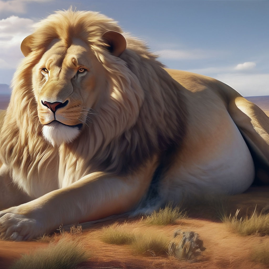 "A very fat lion is lying on the ground with his belly to the top ...