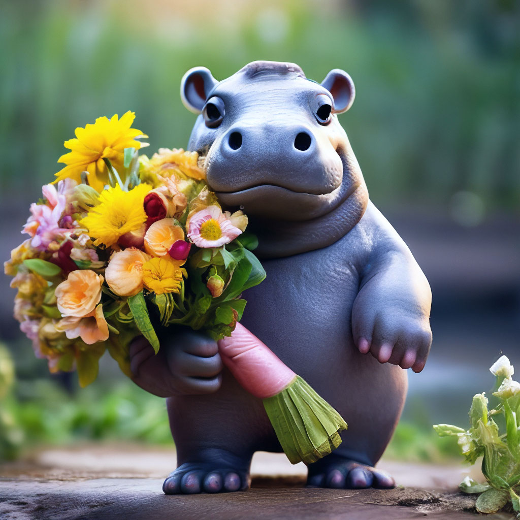 "Cute bug-eyed hippo with a bouquet of flowers in his hands" — image ...