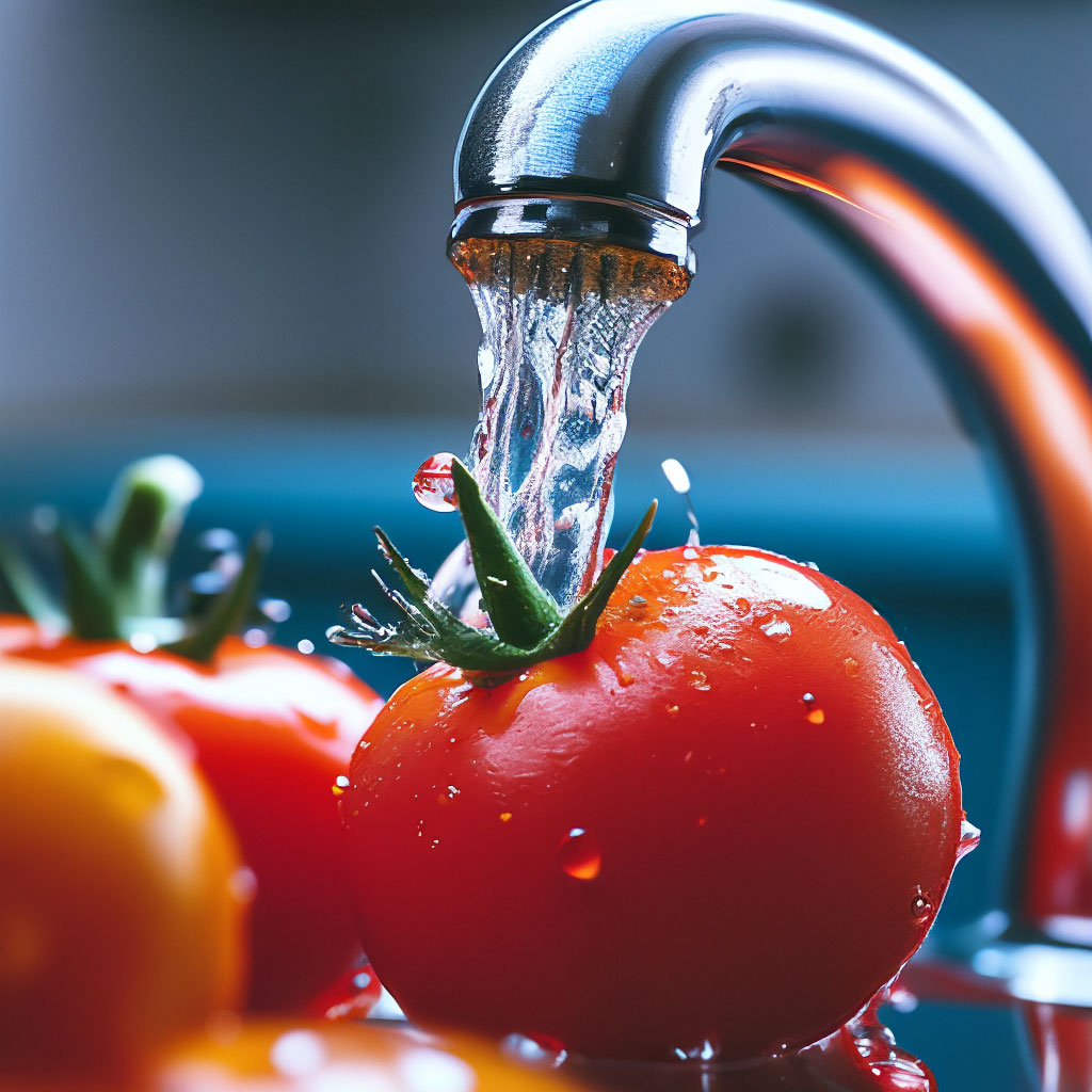 "Water tap and wet tomatoes, colorful, aesthetically pleasing ...