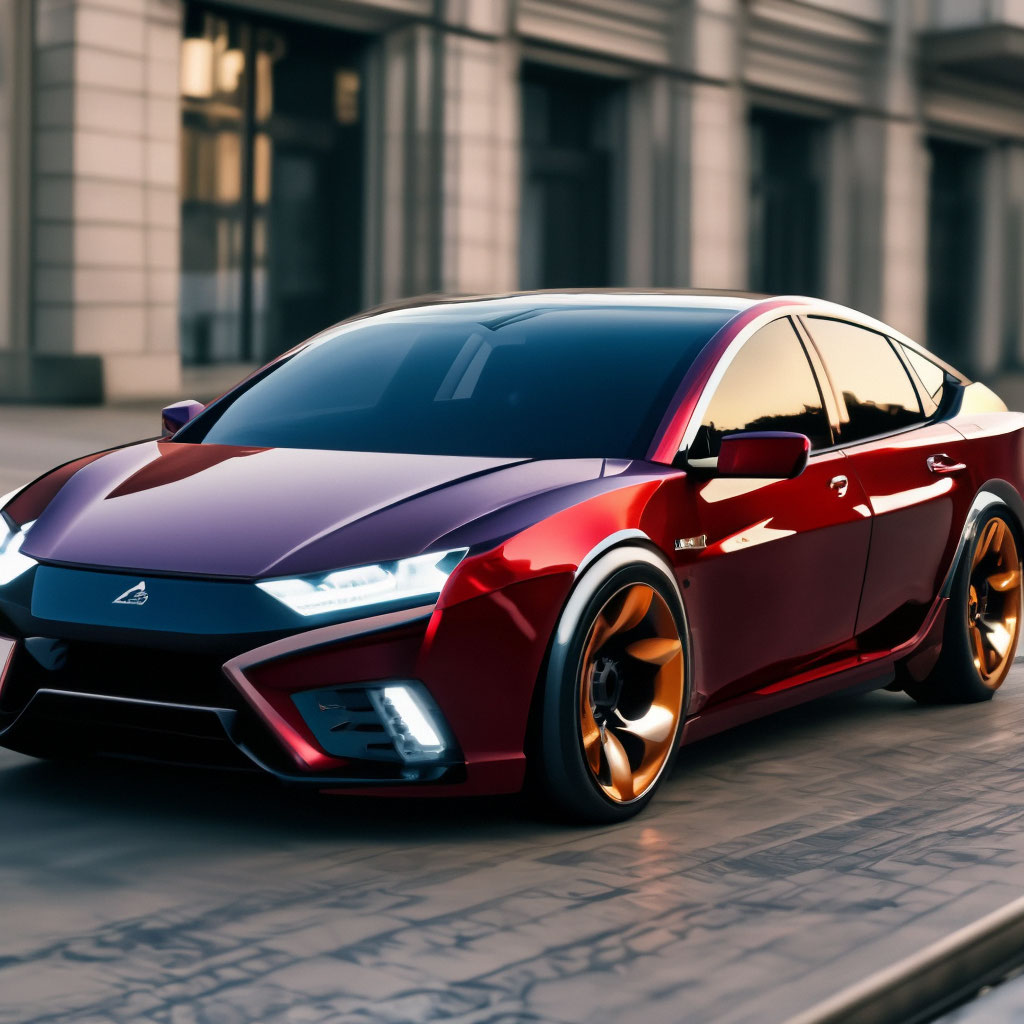 "Futuristic hybrid LADA-2109 and Tesla 3, Lada liftback, cherry color ...