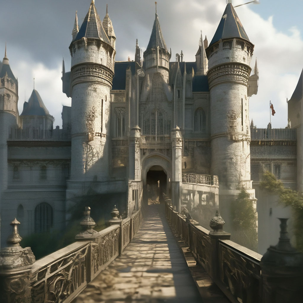 "Medieval english castle,frontal view from the bridge, grunge, dark ...