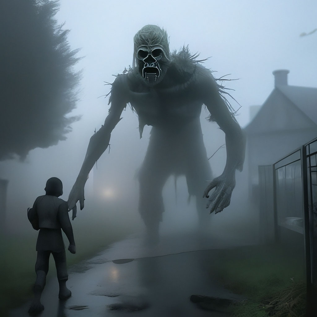 "Zombie Monster,fog,dark yard,horror,realism" — image created in Shedevrum