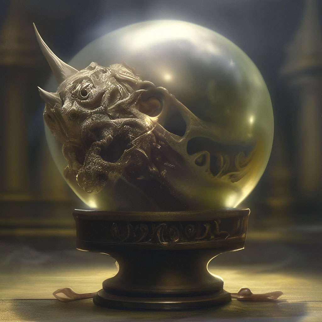 "A magic ball with a severed head, realistic, horror." — image created ...