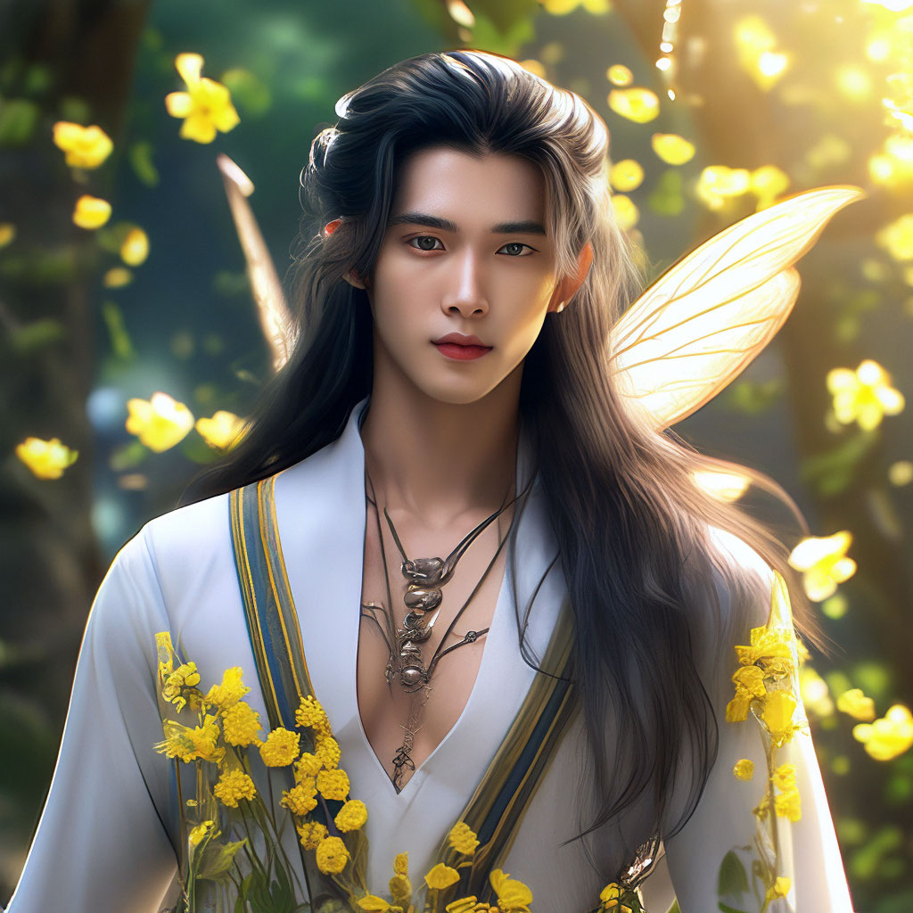 "Asia. Man. Hyper realistic, loose long hair, beautiful male body ...