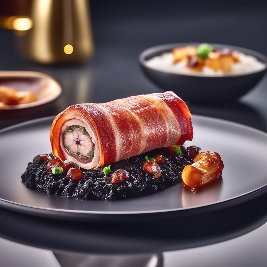 "Rabbit roll in bacon, with black rice and sauce. Dish, hyperrealism ...