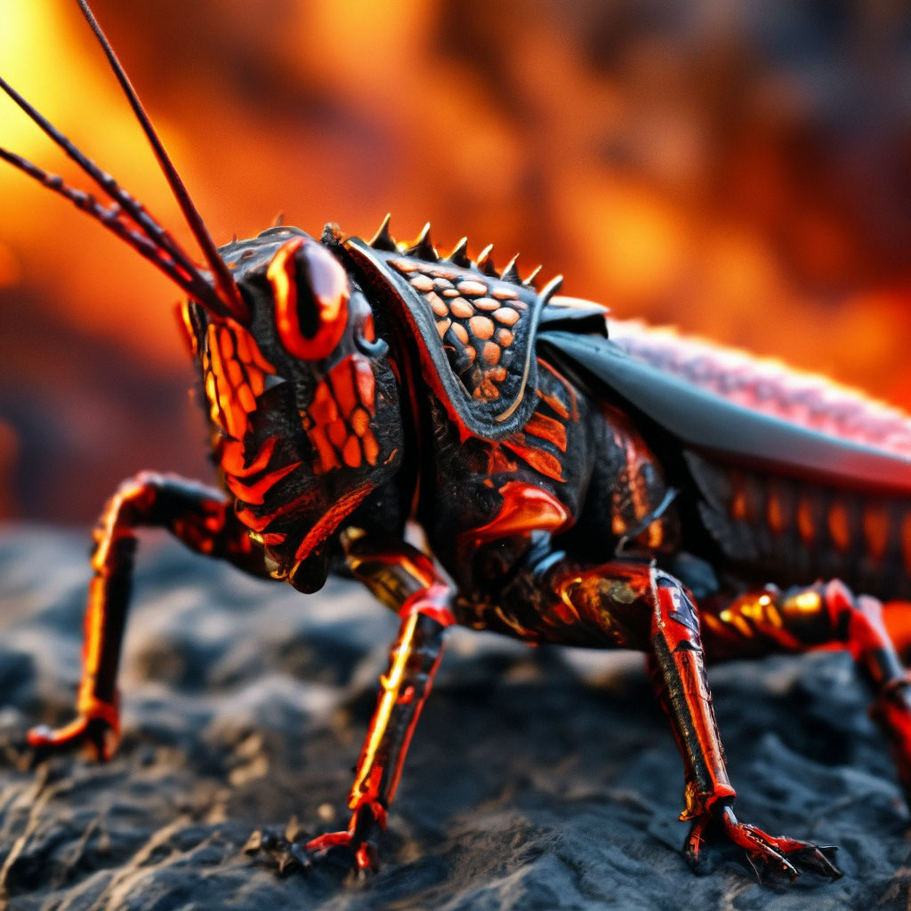 "Photorealism,infernal fire grasshopper, lava grasshopper shrouded in ...