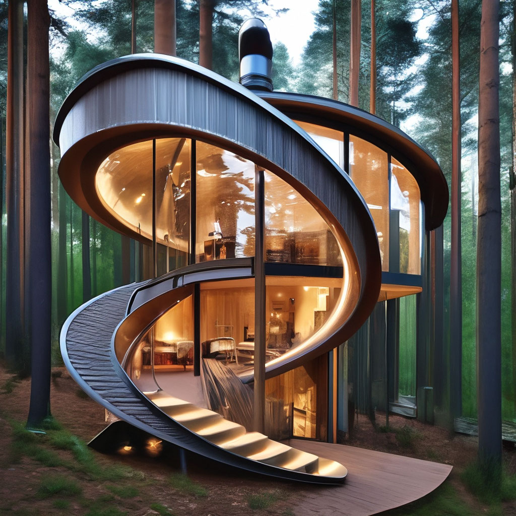 "Hi-tech hut with spiral staircase in the forest" — image created in ...