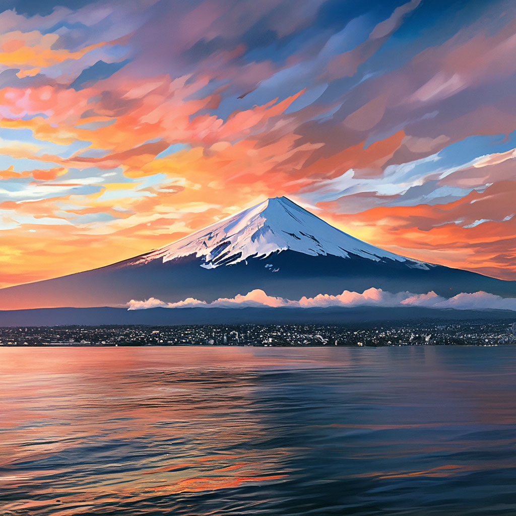 "Computer graphics,watercolor, fine drawing, Mount Fuji at sunset ...