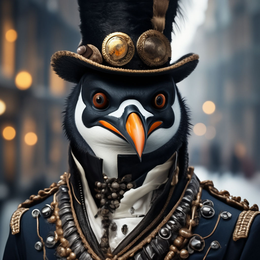 "Anthropomorphic penguin happy eyes, laughs, gnarled teeth, weirdo ...