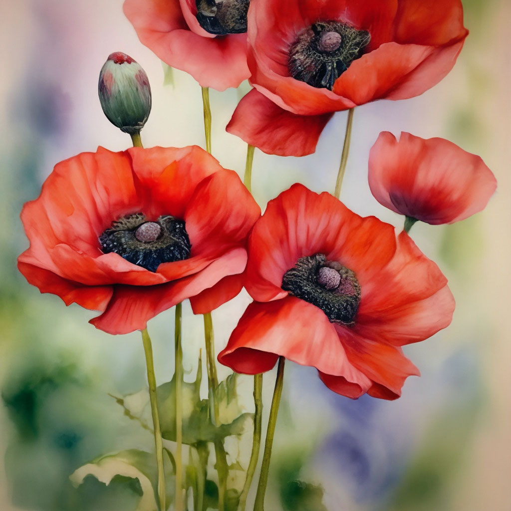 "Red poppies, English watercolor painting" — image created in Shedevrum