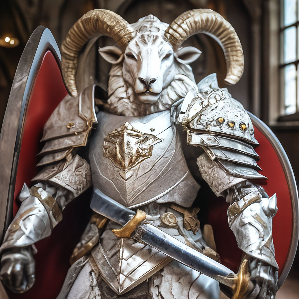 "A stubborn brutal white ram made of metal in armor with a shield and a ...