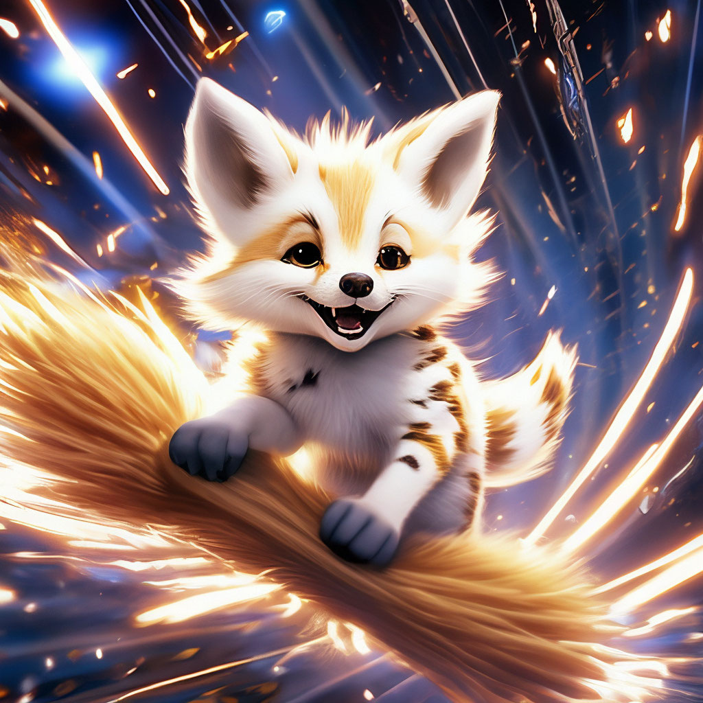 "A fluffy striped white fox cub rushes on a Vivam broom through the ...