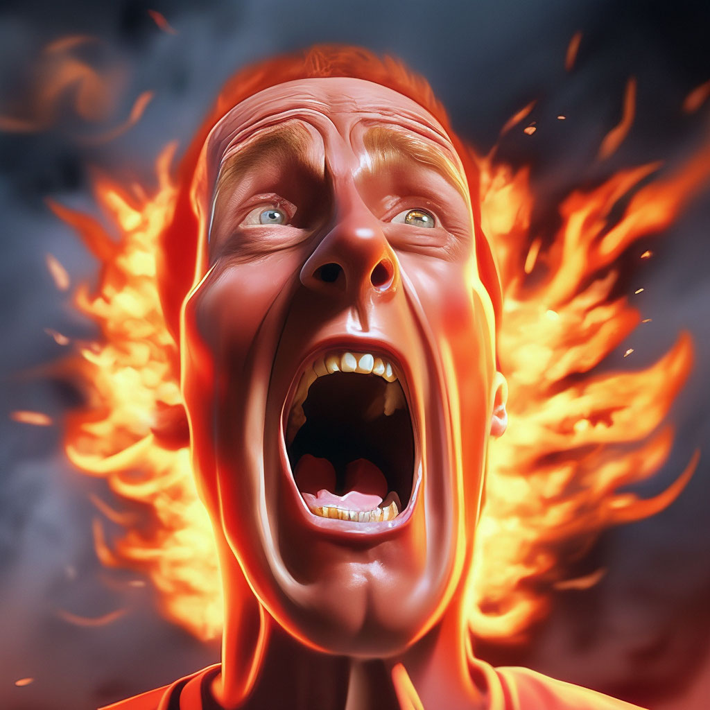 "The face of the man who ate the hot pepper mouth spewing fire, fire ...