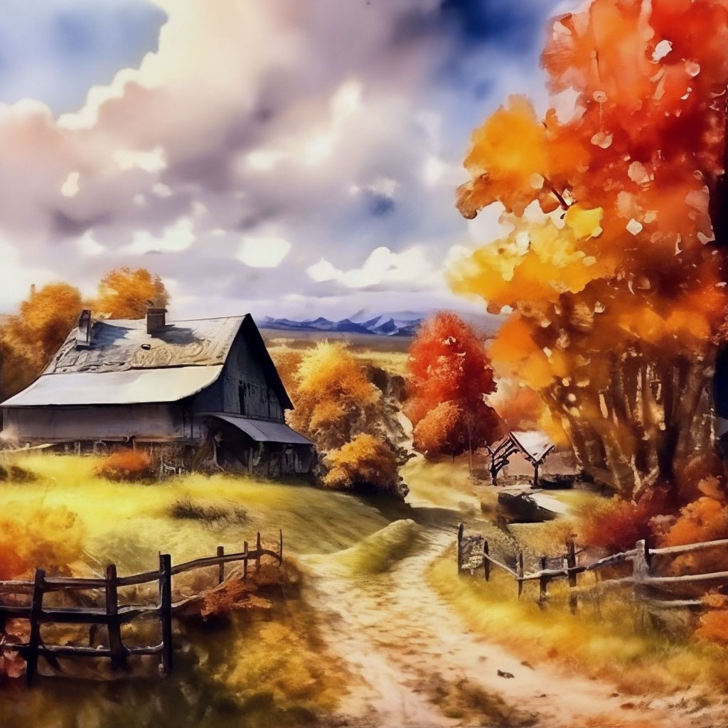"Watercolor,rural life,autumn in the style of realism, beautiful ...
