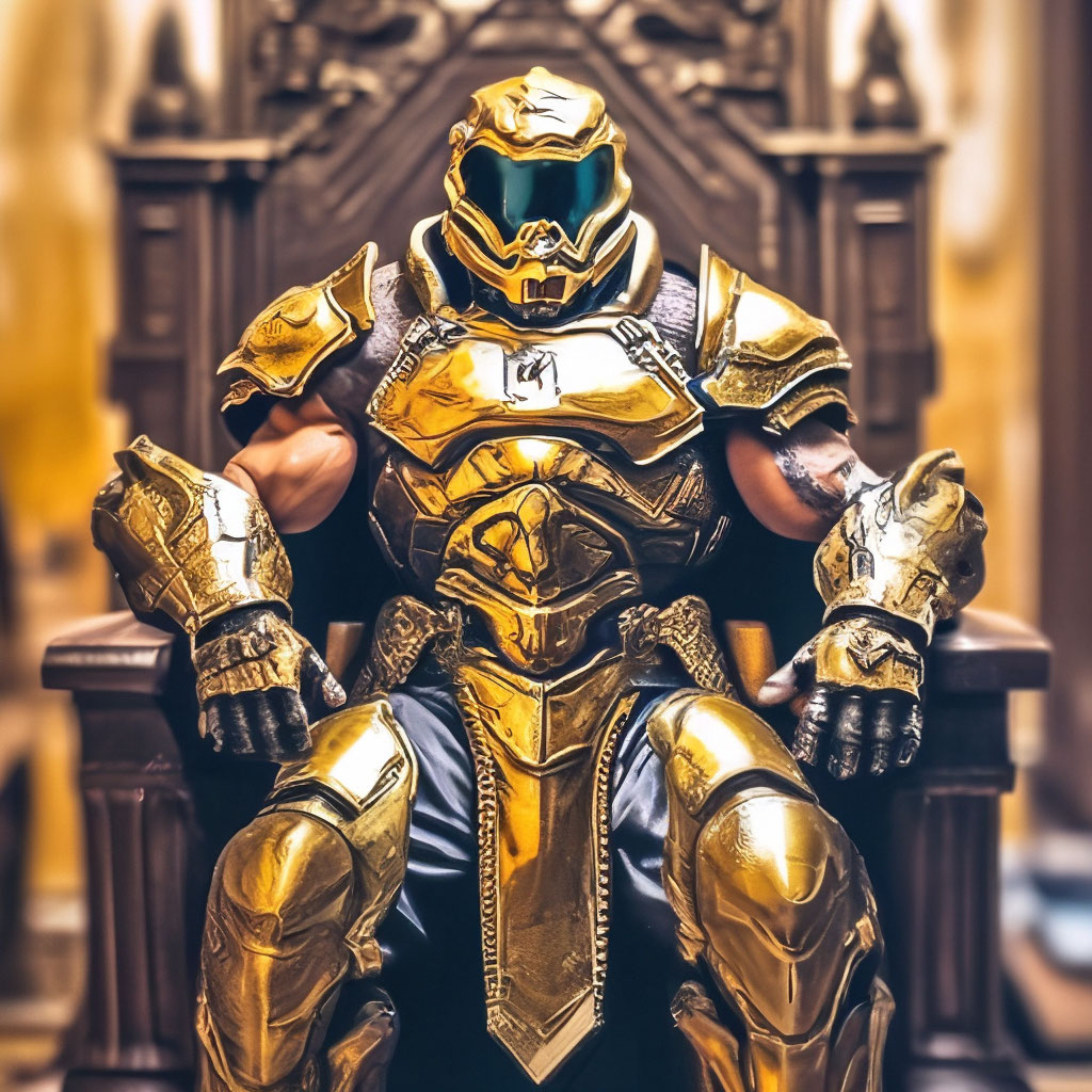 "Oil painting doom guy bodybuilder in bronze armor on the throne ...