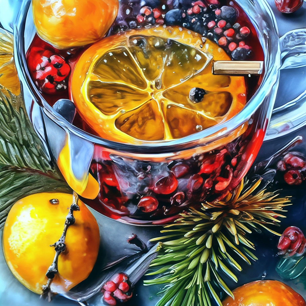 "Surreal food sketch + hyperrealism, 3D, macro,winter tea with pine ...