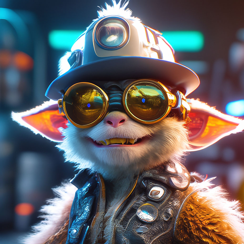 "Fluffy funny gremlin in cyberpunk style,fashionable hat, sunglasses ...