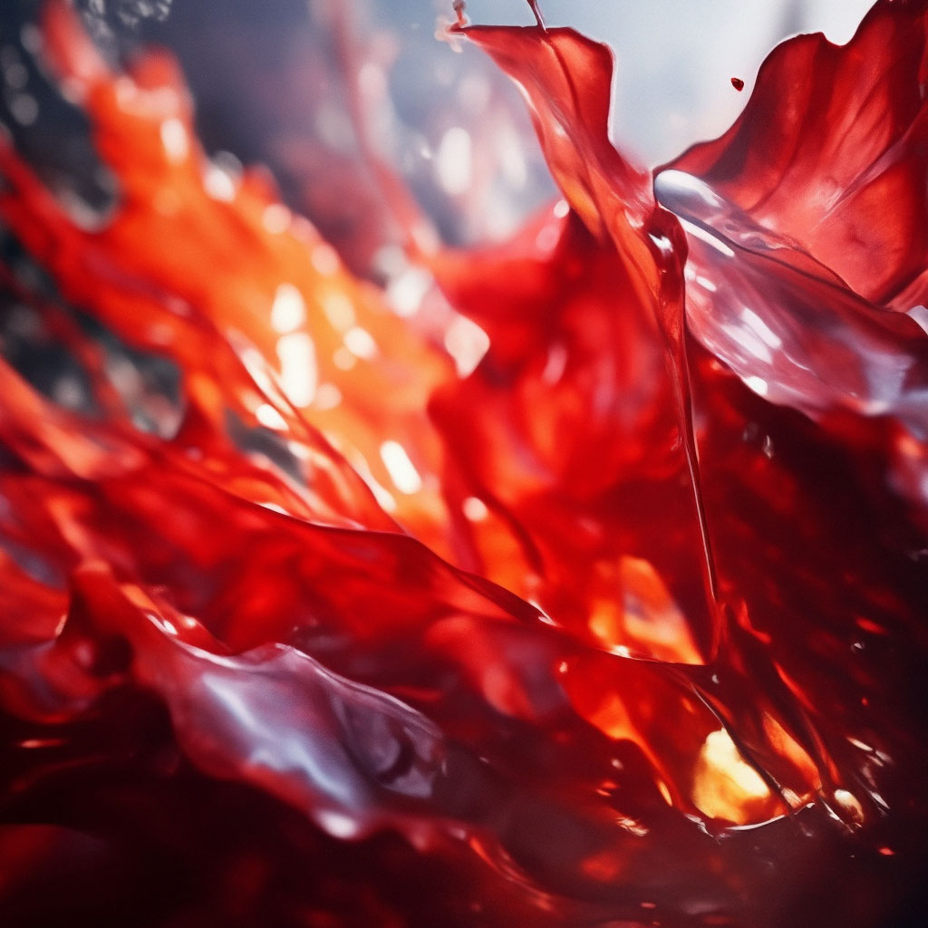 "Bright red with shiny veins, transparent splashes" — image created in ...