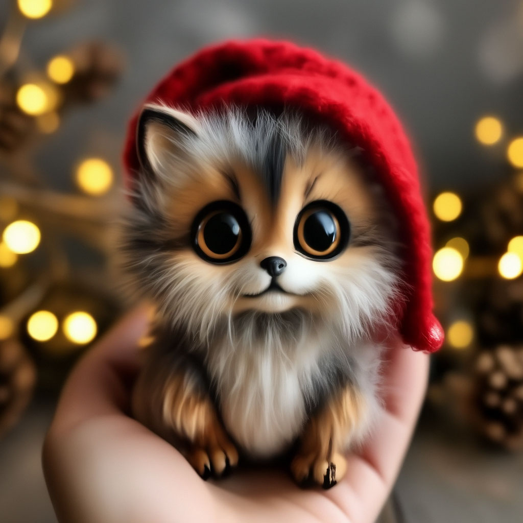 "Pop-eyed, cute, fluffy bug-eyed cat+dandelion in a red cap, Christmas ...