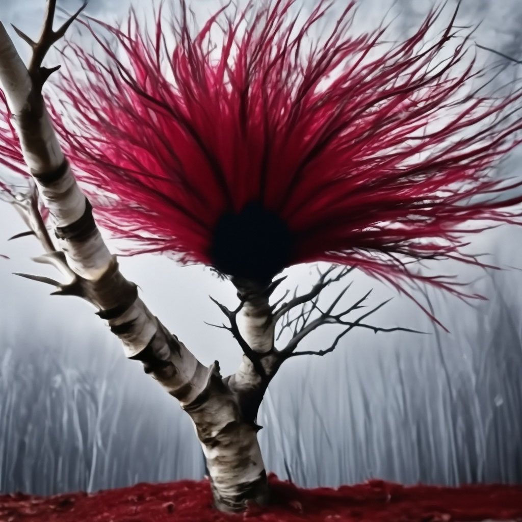 "Shock art, cut acid black feather ravena birch tree who has a ruby ...