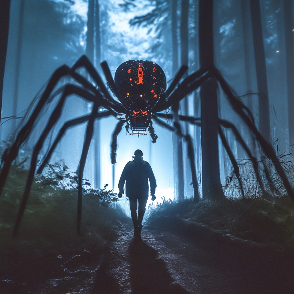 "A man walks through the forest at night, a huge spider sneaks behind ...