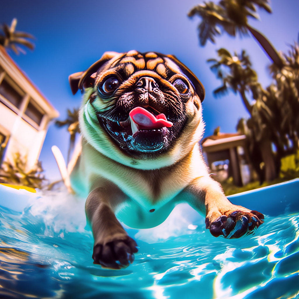 "Pug playing in the pool" — image created in Shedevrum