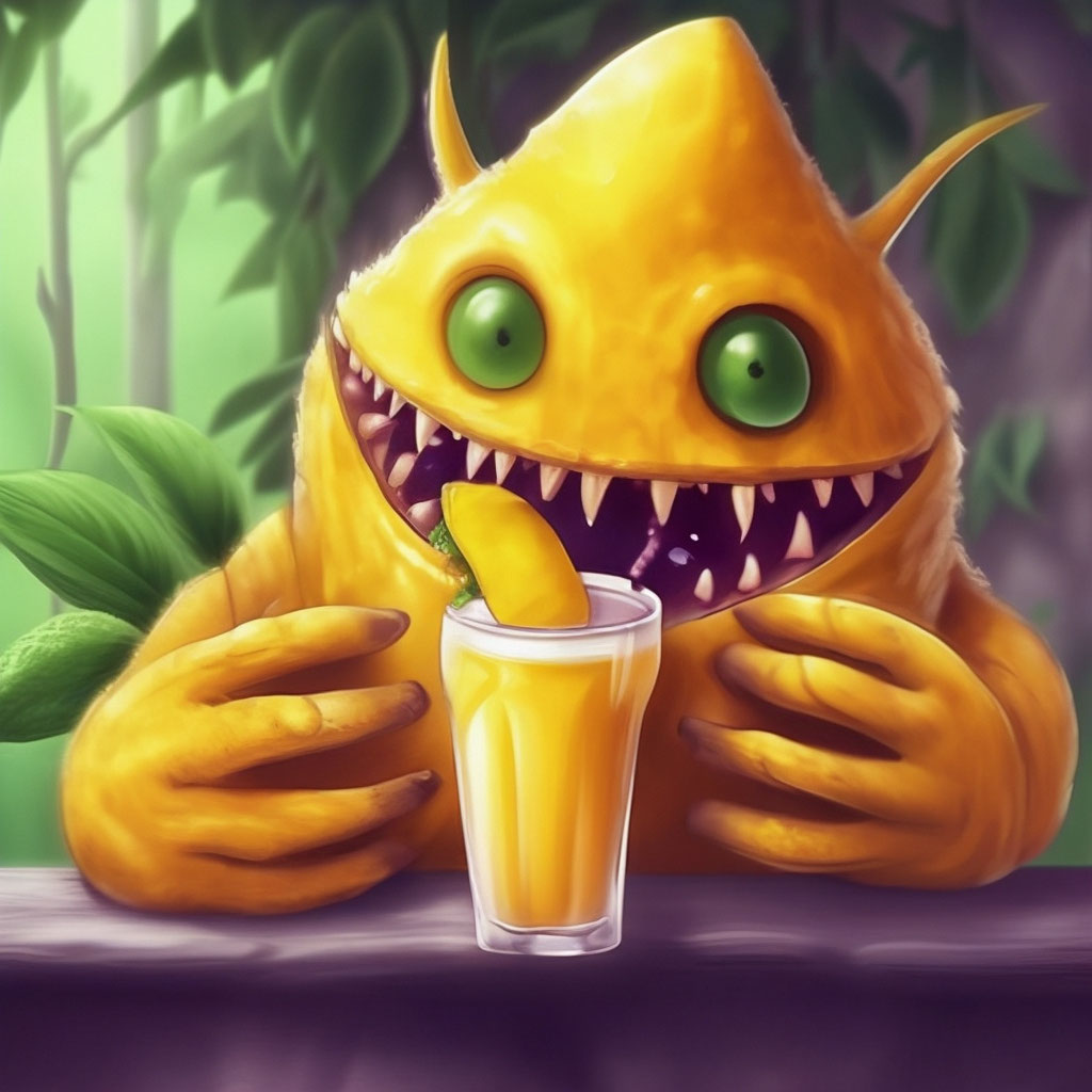 "Mango monster drinks a smoothie out of himself" — image created in ...
