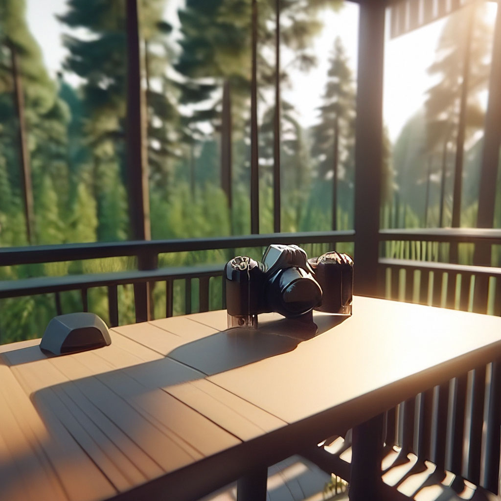 "Camera on the table, on the balcony overlooking the forest, 3D, 4k ...