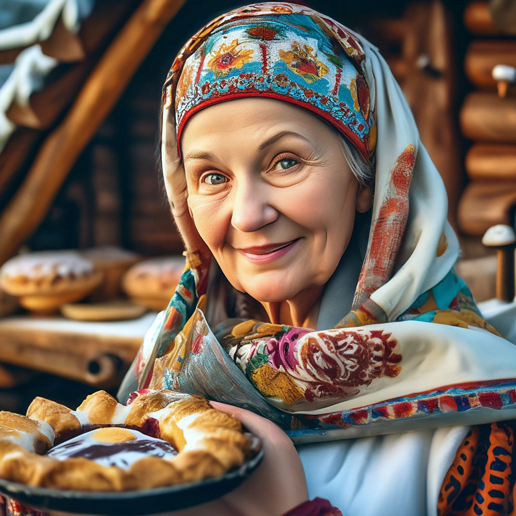"In the foreground, a charming sweet beautiful Slavic grandmother, a ...