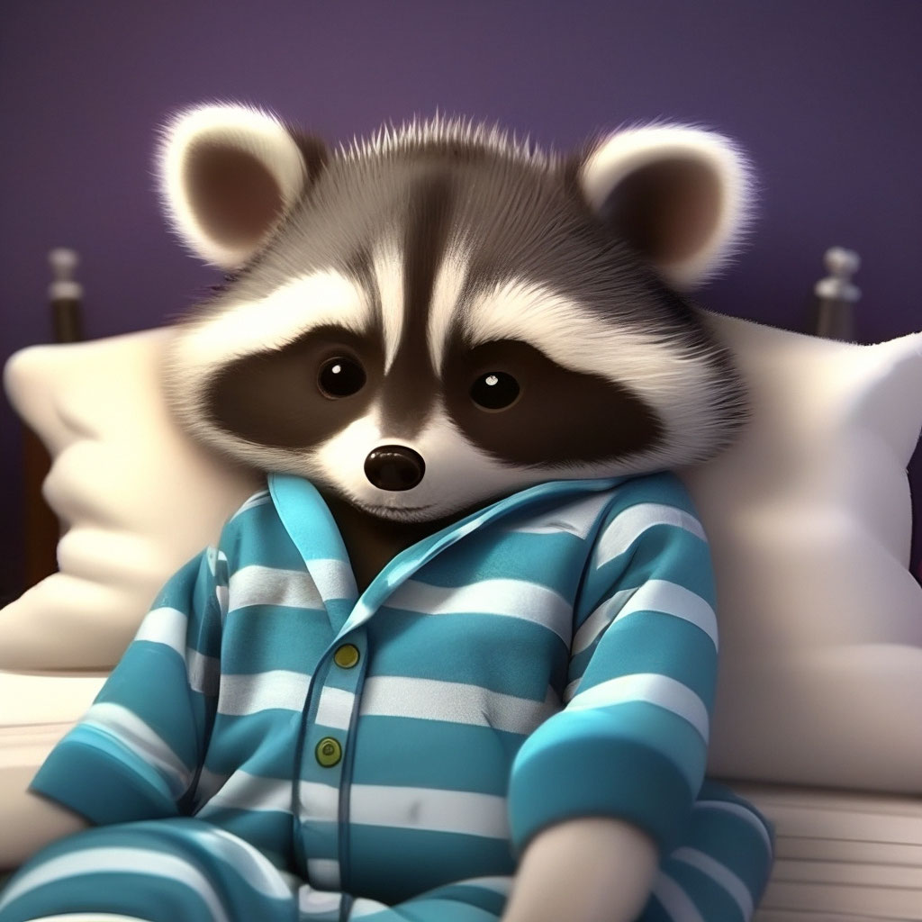"Cute cartoon mega realistic raccoon in pajamas, sleeping in bed, nyash ...