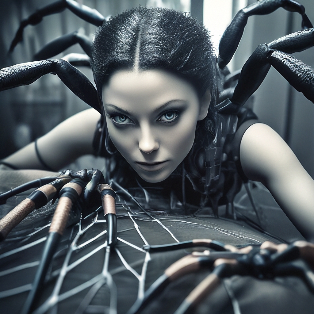 "Anthropomorphic woman +spider, paws+web, face+8 eyes, professional ...
