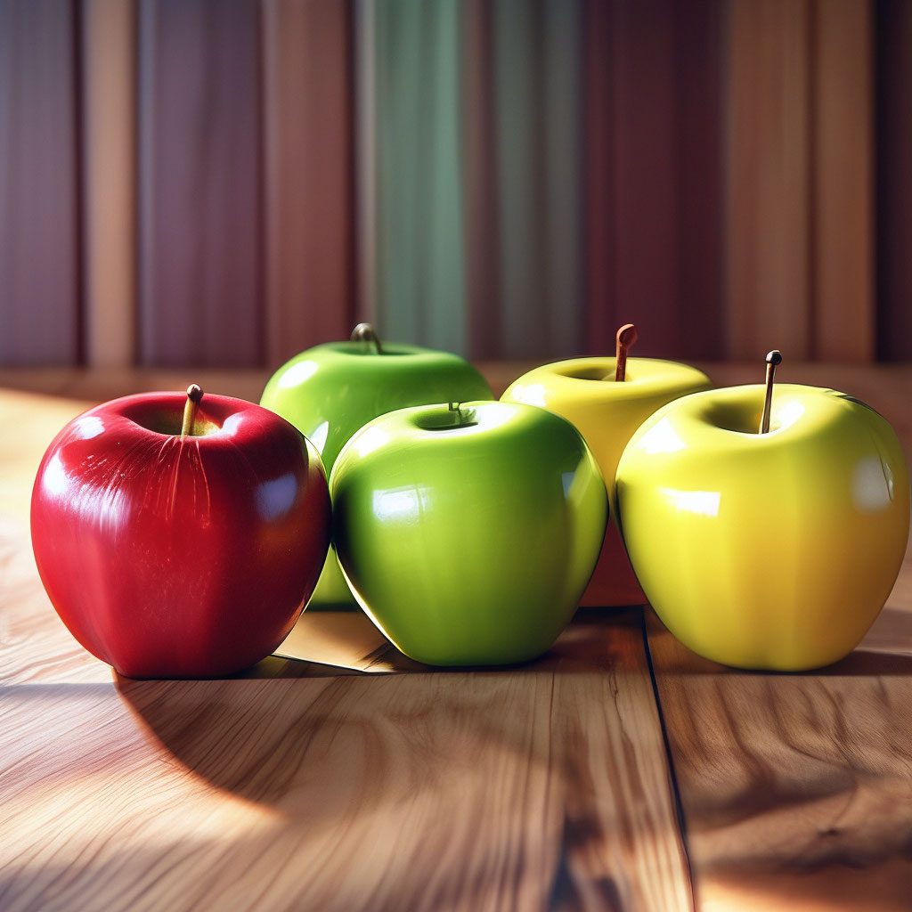 "Apples are yellow, green, and red lying on a wooden table. Tomorrow ...
